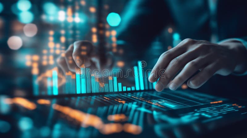 Businessman Analyzing a 3D Bar Chart with Numbers Rising Stock Photo ...