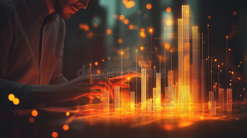 Businessman Analyzing a 3D Bar Chart with Numbers Rising Stock Photo ...