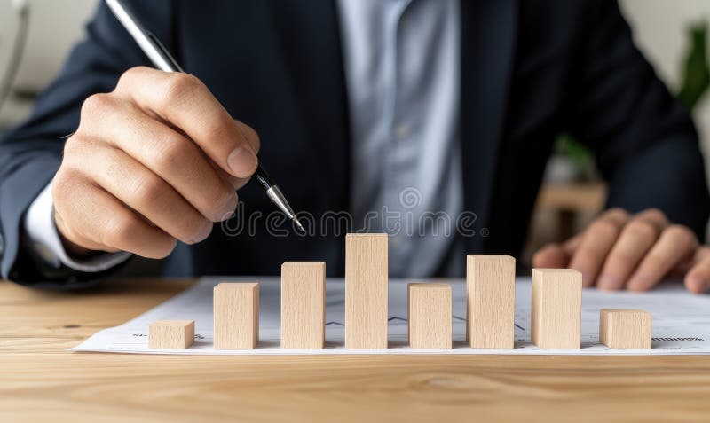 A Businessman Analyzing Data with a Bar Chart and a Pen, Representing ...