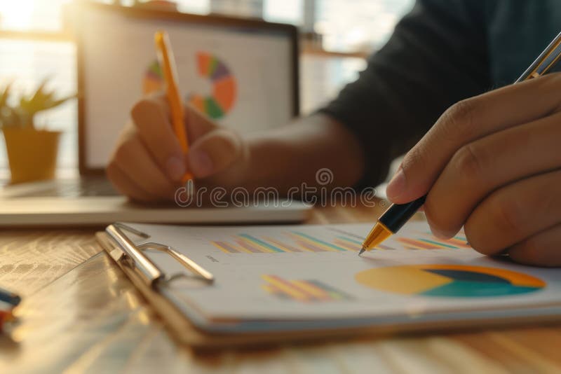 Businessman Analyzing Data: Close-up of Hand Pointing with Pen at Chart ...