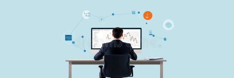 Businessman Analyzing Data on Computer Screen with Network Connections ...