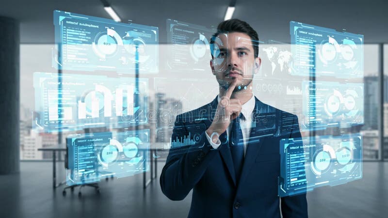 Businessman Analyzing Data on Holographic Interface in Modern Office Stock Video - Video of ...