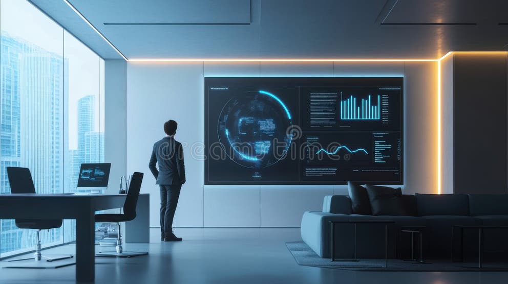 Businessman Analyzing Data on Large Digital Screen in Modern Office ...