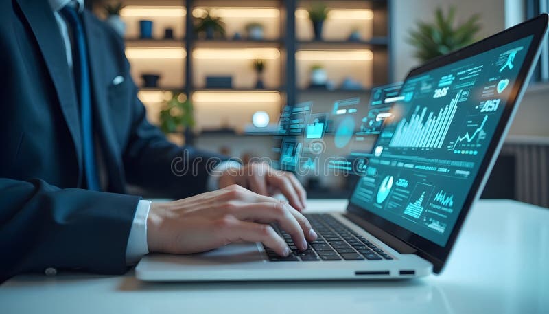 Businessman Analyzing Data: Modern Laptop with Futuristic Interface ...