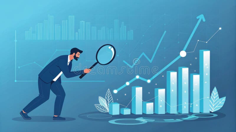 Businessman Analyzing Data Trends with Magnifying Glass on Graphs Stock ...