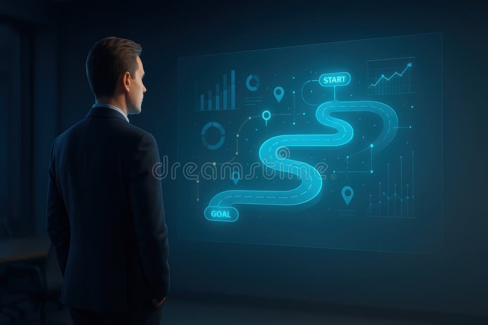 Businessman Analyzing Digital Roadmap and Data Visualization for ...