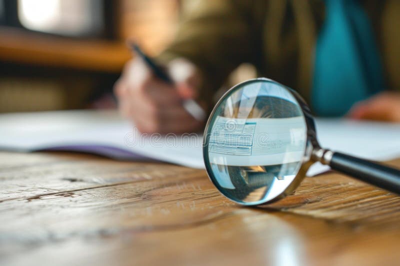 Businessman Analyzing Document with Magnifying Glass in Office Stock ...