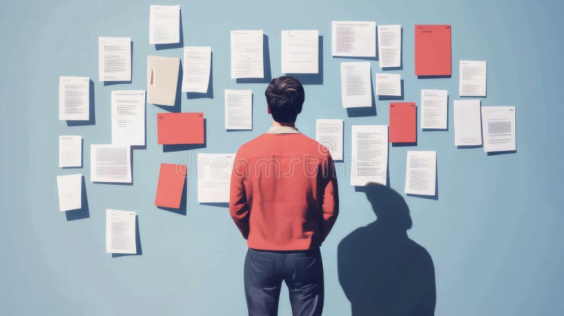 Businessman Analyzing Documents Attached To a Wall for Project Planning ...
