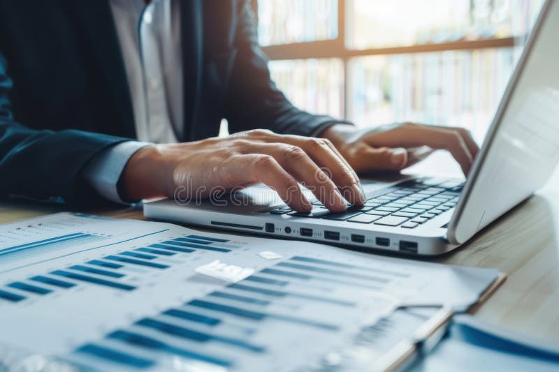 Businessman Analyzing Financial Data and Charts with a Pen and Laptop ...