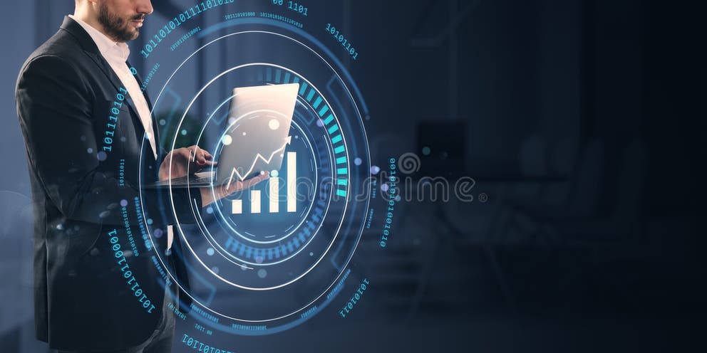 Businessman Analyzing Financial Data on Laptop with Rising Chart Stock ...
