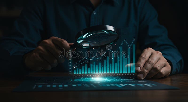 Businessman Analyzing Financial Growth with Magnifying Glass, Data Analytics, Chart, Investment ...