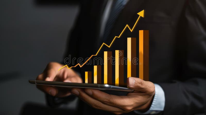 Businessman Analyzing Financial Growth on a Tablet with a Rising Bar ...