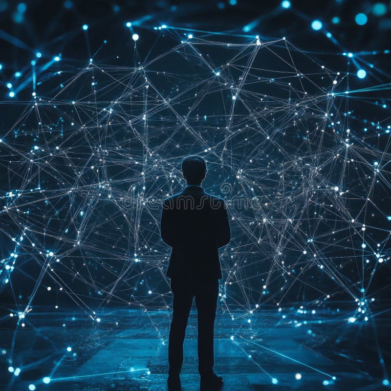 Businessman Analyzing Futuristic Digital Network Interface with Blue ...