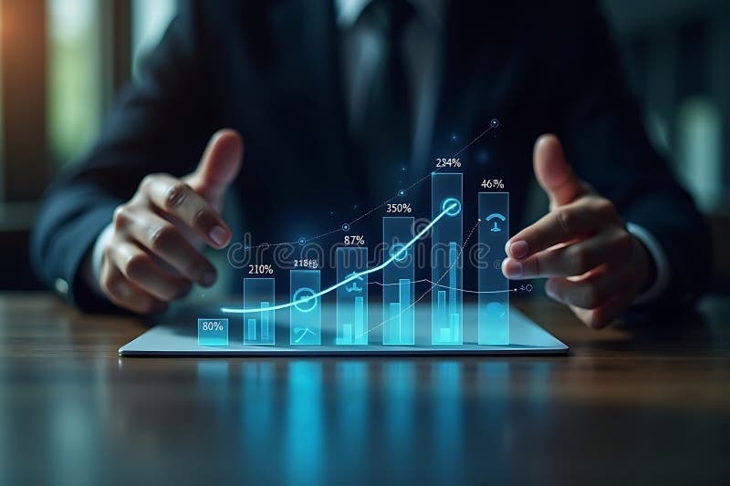 Businessman Analyzing a Futuristic Holographic Financial Growth Chart ...