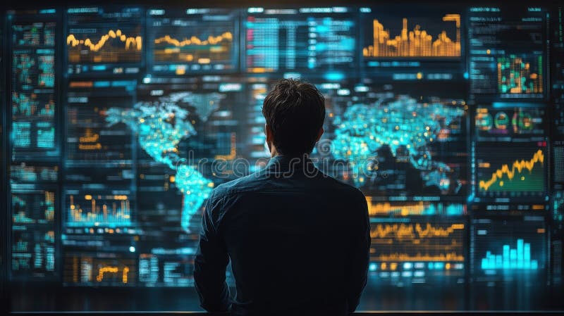 Businessman Analyzing Global Data on High-Tech Digital Interface. Big ...