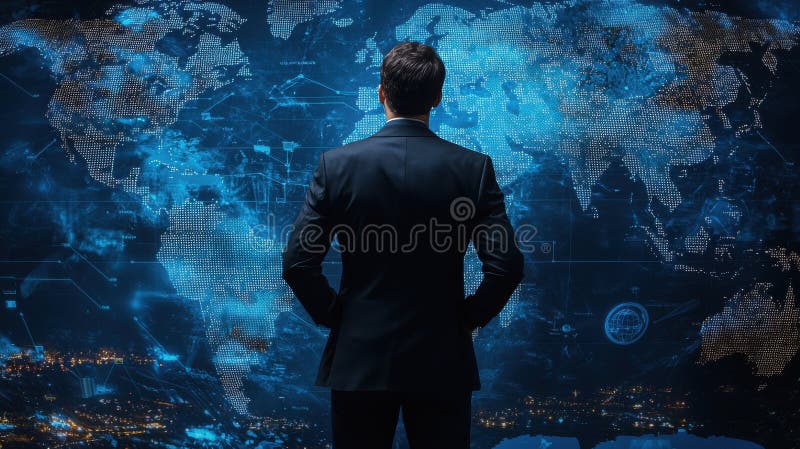 Businessman Analyzing Global Digital Data in Modern Office Setting ...
