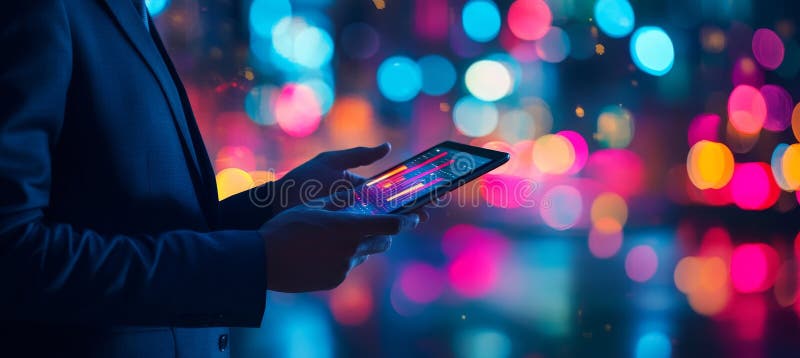 Businessman Analyzing Glowing Financial Chart on Digital Tablet Against ...