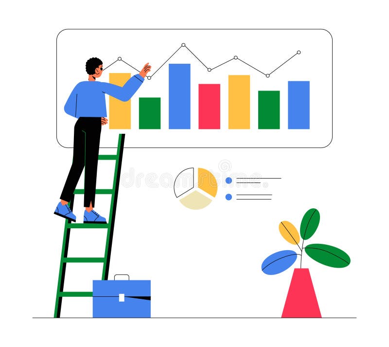 Businessman Analyzing Graph on Ladder in Flat Vector Illustration ...