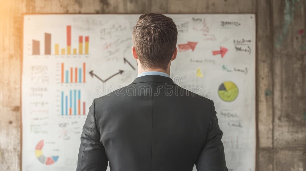 Businessman Analyzing Graphs on a Whiteboard for Strategic Planning and ...