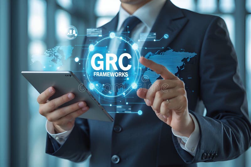 Businessman Analyzing Grc Frameworks on Tablet with Digital World Map ...