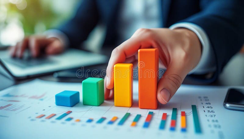 Businessman Analyzing Growing Statistics with Colorful Blocks on Graph ...