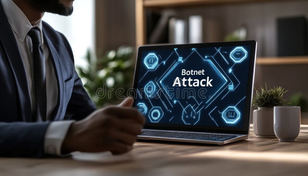 Businessman Analyzing Holographic Display with Botnet Attack Warning ...