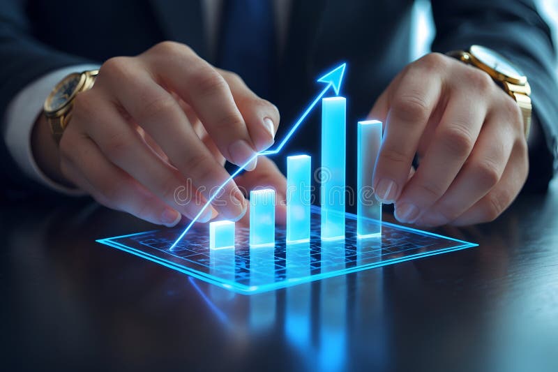 Businessman Analyzing Holographic Financial Growth Chart Demonstrating Business Success and ...