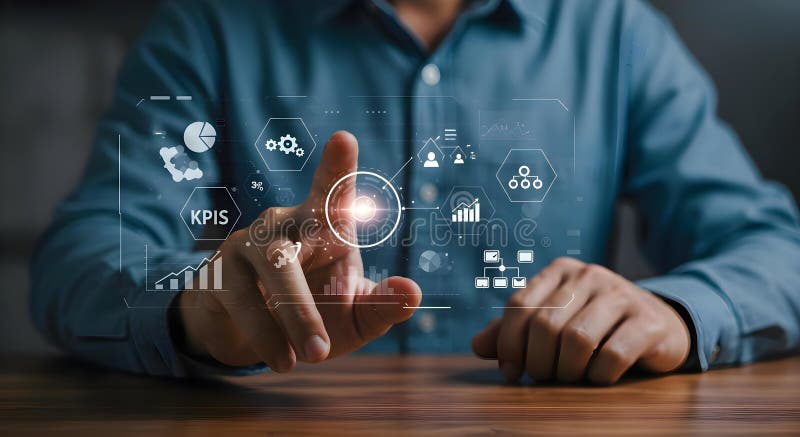 Businessman Analyzing Key Performance Indicators on Interactive Screen ...