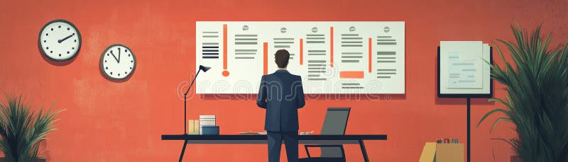 A Businessman Analyzing a Project Plan on a Wall in a Modern Office ...