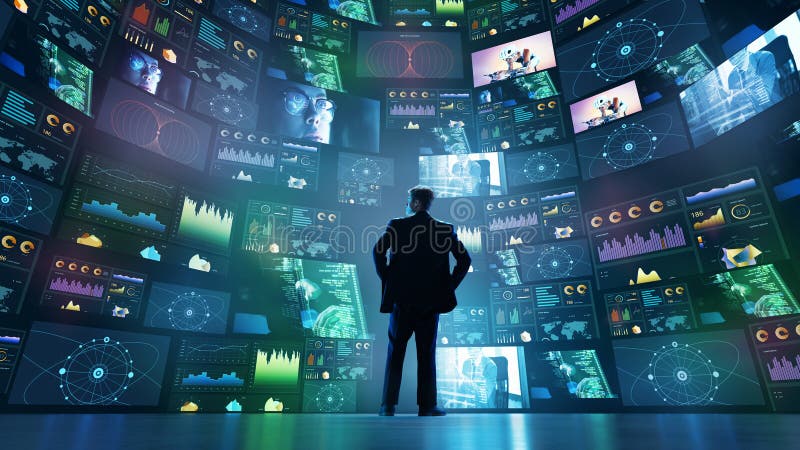 Businessman Analyzing Real-time Financial and Technological Data on ...