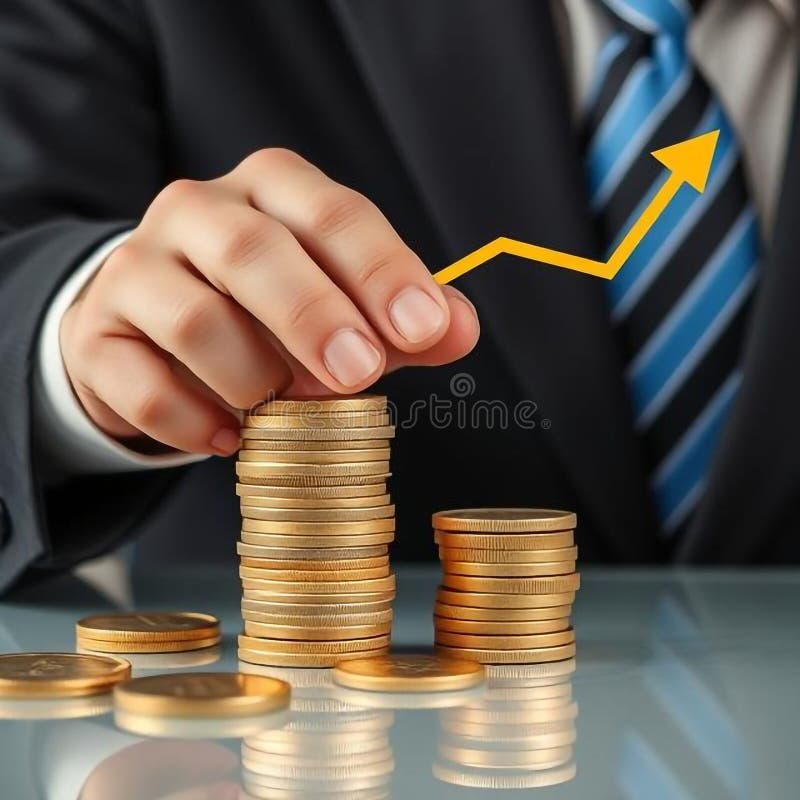 Businessman Analyzing a Rising Graph Positioned on Stacks of Coins ...