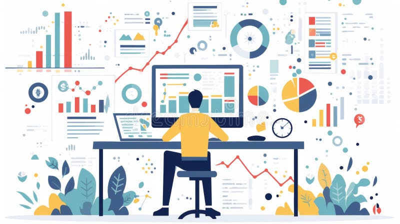 Businessman Analyzing Sales Data on Laptop and Desktop Computer Stock ...