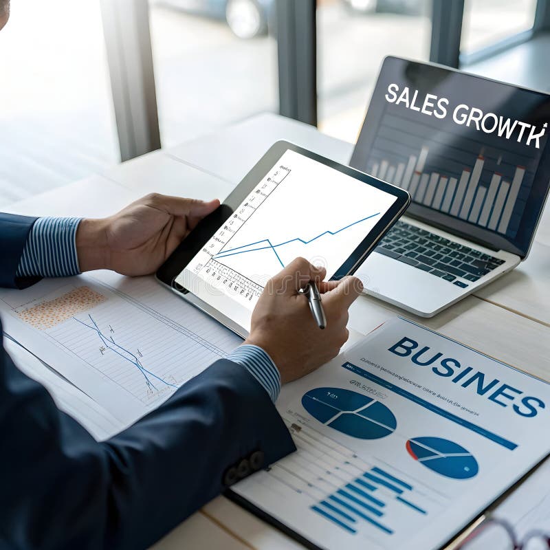 Businessman Analyzing Sales Data on Tablet Stock Illustration ...