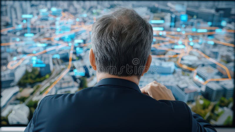 Businessman Analyzing Smart City Data on Screen Stock Illustration ...