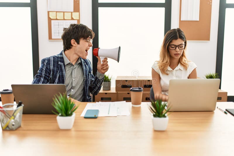 Businessman Angry Shouting His Partner Using Megaphone at the Office ...