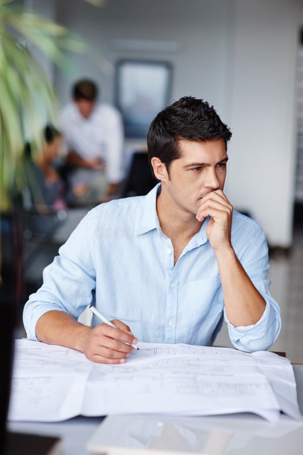Businessman, Architecture and Thinking in Office for Blueprint Design ...