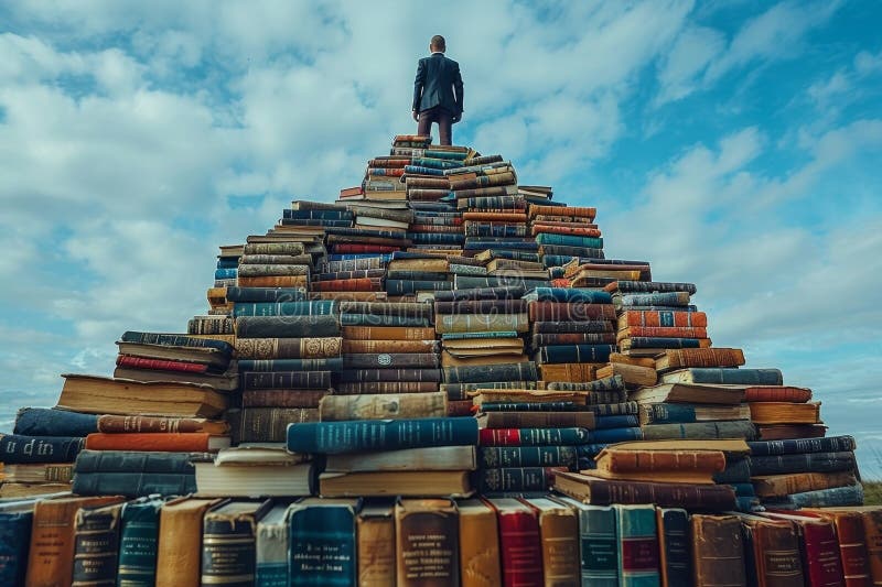 Businessman Ascending Stack of Books Under Clear Blue Sky Background ...