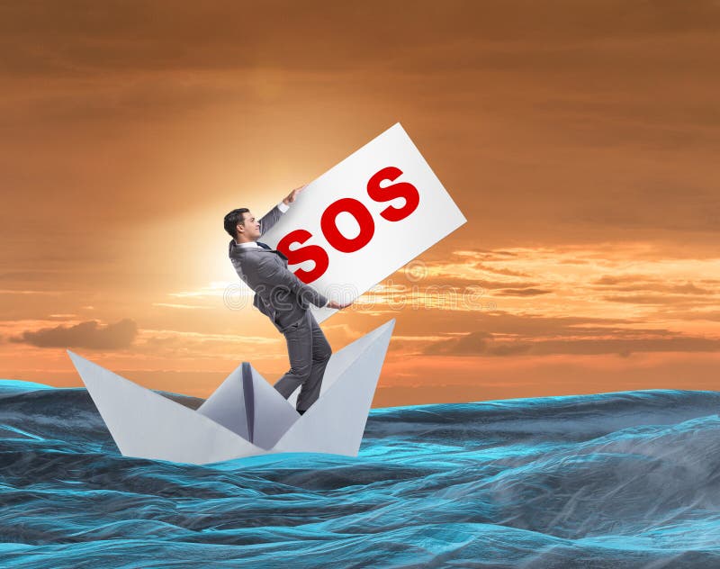 Businessman Asking for Help with SOS Message on Boat Stock Photo ...
