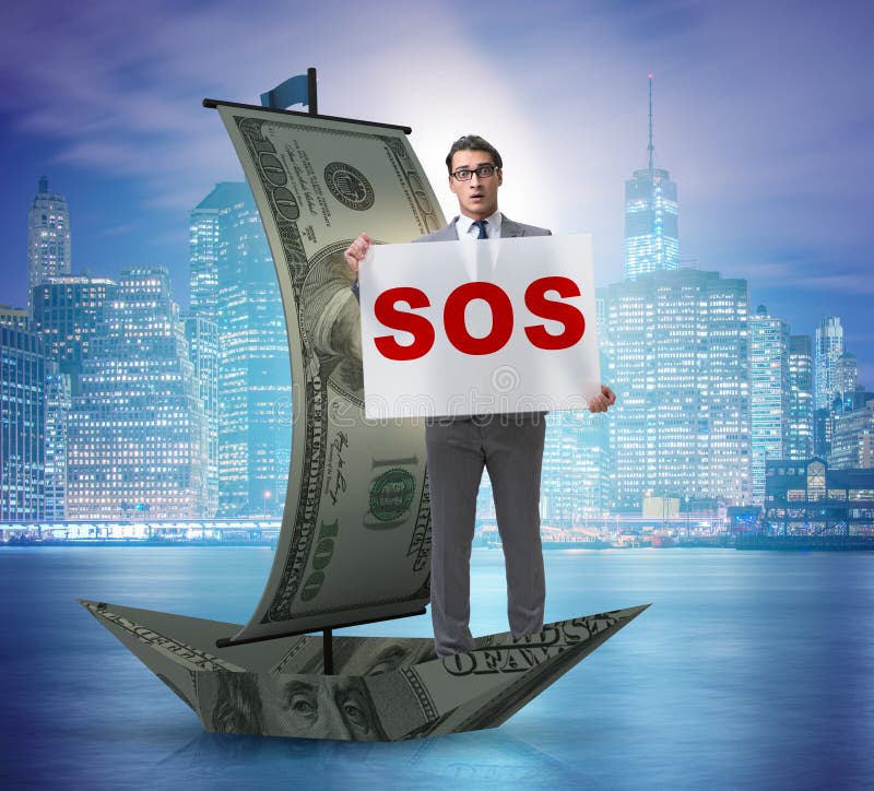Businessman Asking for Help with SOS Message on Boat Stock Image ...