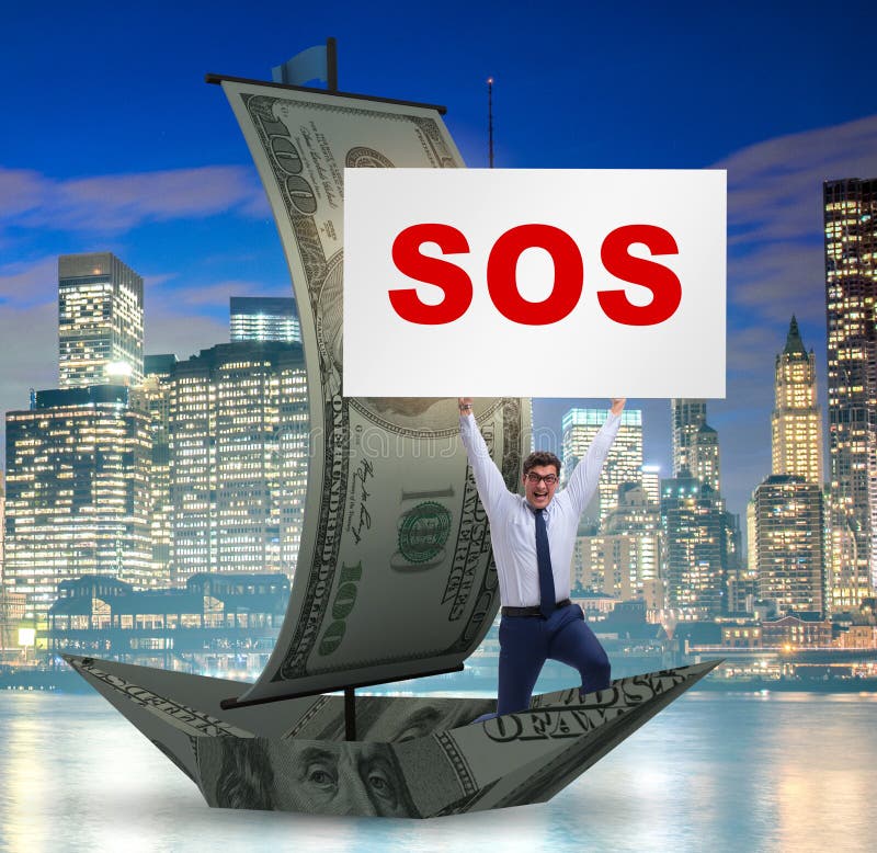 Businessman Asking for Help with SOS Message on Boat Stock Image ...