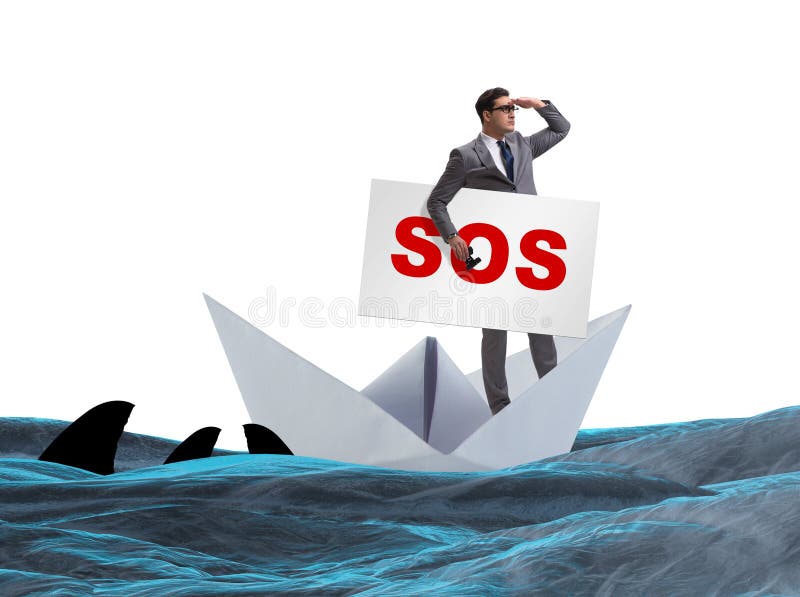 Businessman Asking for Help with SOS Message on Boat Stock Image ...