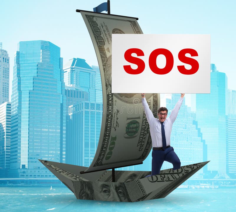 Businessman Asking for Help with SOS Message on Boat Stock Illustration ...