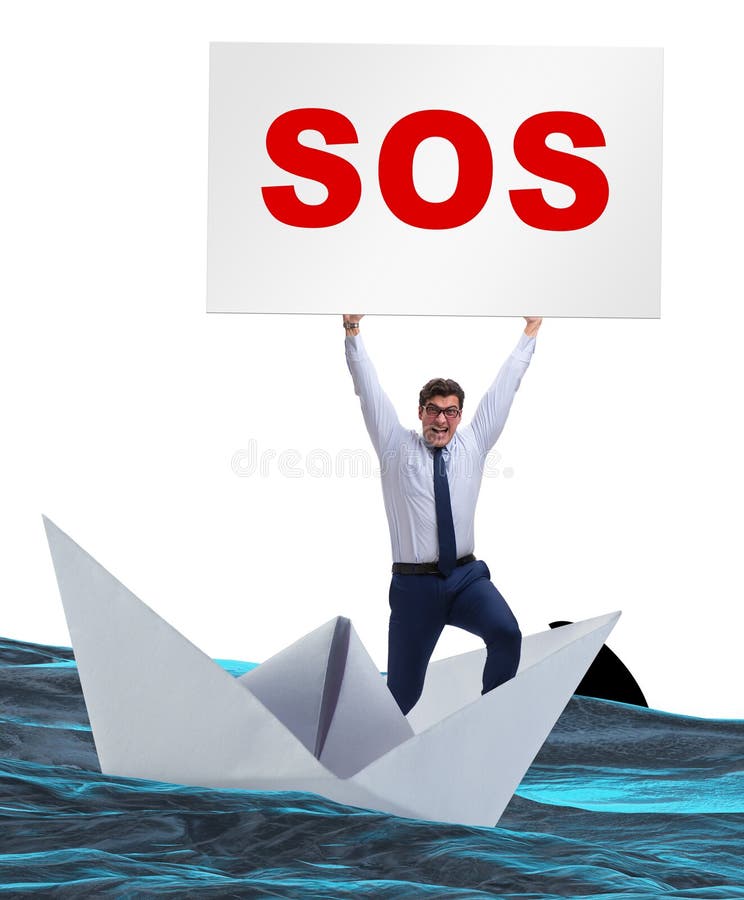 Businessman Asking for Help with SOS Message on Boat Stock Photo ...