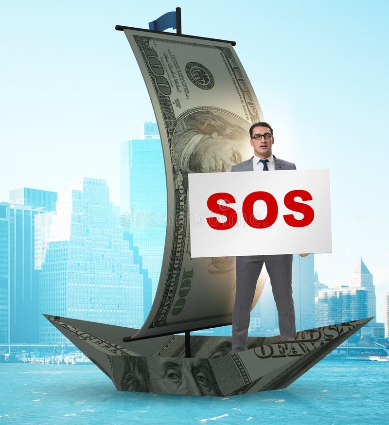 Businessman Asking for Help with SOS Message on Boat Stock Image ...