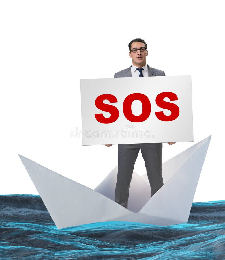 Businessman Asking for Help with SOS Message on Boat Stock Photo ...
