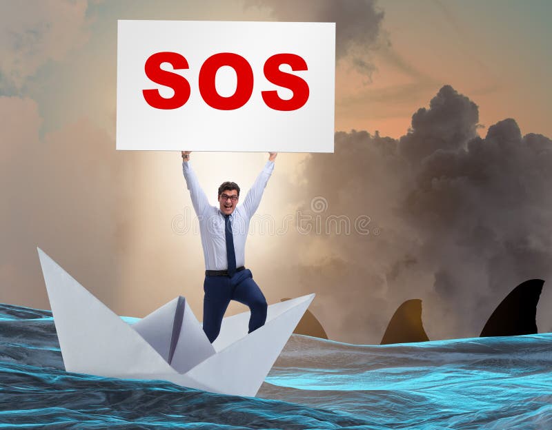 Businessman Asking for Help with SOS Message on Boat Stock Image ...