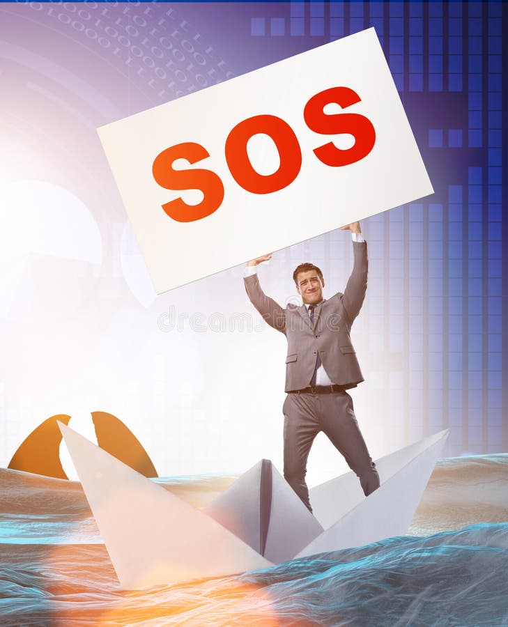 Businessman Asking for Help with SOS Message on Boat Stock Image ...