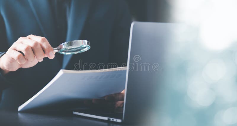Businessman Audit Documents with a Magnifying Glass, Quality Assessment ...