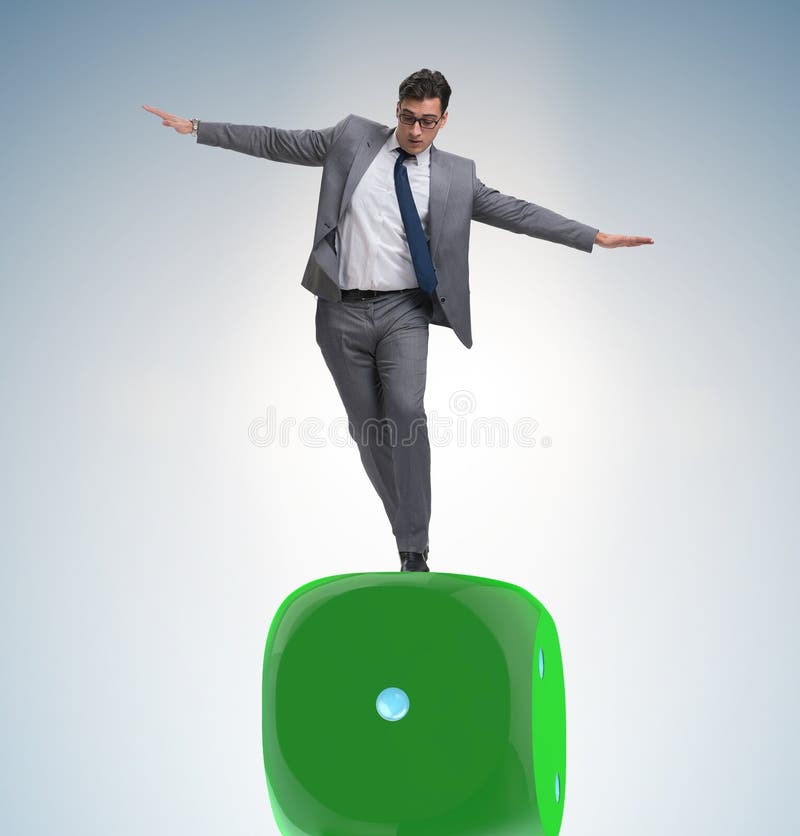 Businessman Balancing on Top of Dice Stack in Uncertainty Concep Stock ...