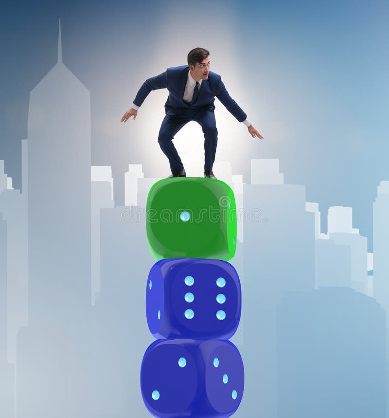 Businessman Balancing on Top of Dice Stack in Uncertainty Concep Stock ...